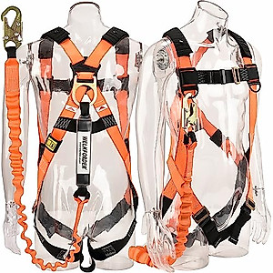 WELKFORDER 1D-Ring Industrial Fall Protection Safety Harness with 6-Foot Shock Absorber Stretchable Lanyard | Permanent attached Kit | ANSI Compliant Personal Fall Arrest System(PFAS)