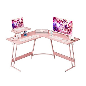 Homall L Shaped Gaming Desk Computer Corner Desk PC Gaming Desk Table with Large Monitor Riser Stand for Home Office Sturdy Writing Workstation (Pink, 47 Inch)