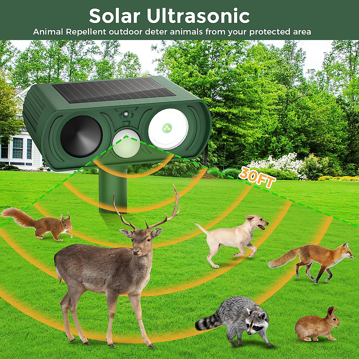 Solar Ultrasonic Animal Repellent Outdoor, Deer Repellent Devices Motion Detection, Waterproof Cat Squirrel Mouse Raccoon Dog Bird Repellent Deterrent with LED Flash Light for Yard Farm Garden