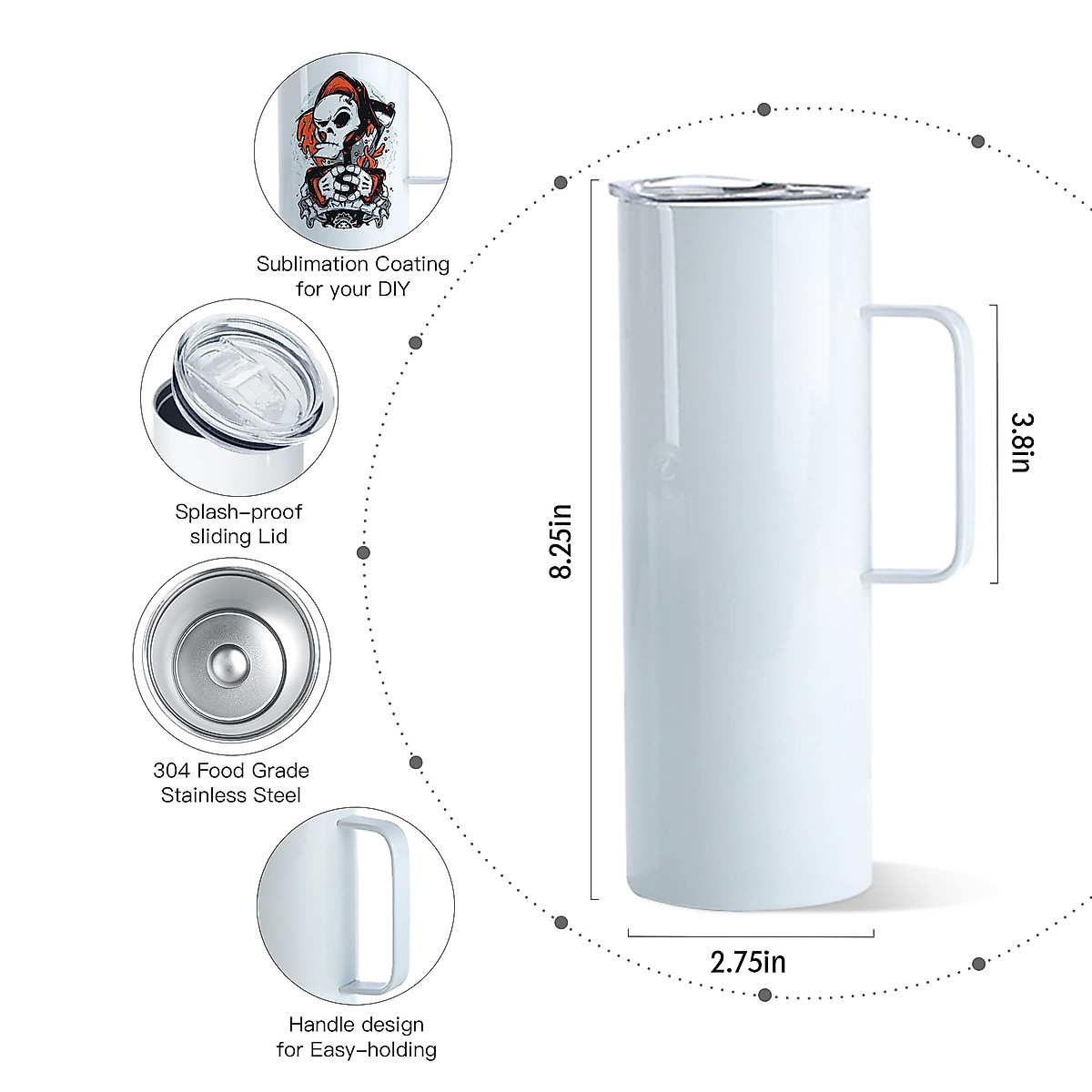 AGH Sublimation Tumblers with Handle 20oz Sublimation Blanks 4 Pack Skinny Straight Stainless Steel Vacuum Insulated Tumblers with Lids and Straws Keep Cold 24 Hours (White)