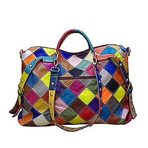 Women's Multicolor Tote Handbag Abstract Design Handbag Genuine Leather Hobo Shoulder Purse, Colors