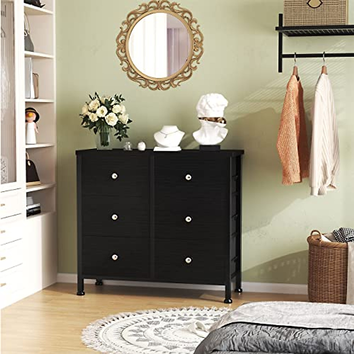 BOLUO Black Dresser for Bedroom 6 Drawer Dressers & Chests of Drawers Small Fabric Dresser Storage for Closet Modern