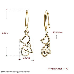 New Cat CZ Dangle Drop Earrings for Women Teen Girls Crystal Cute Dangling Hypoallergenic (Gold)
