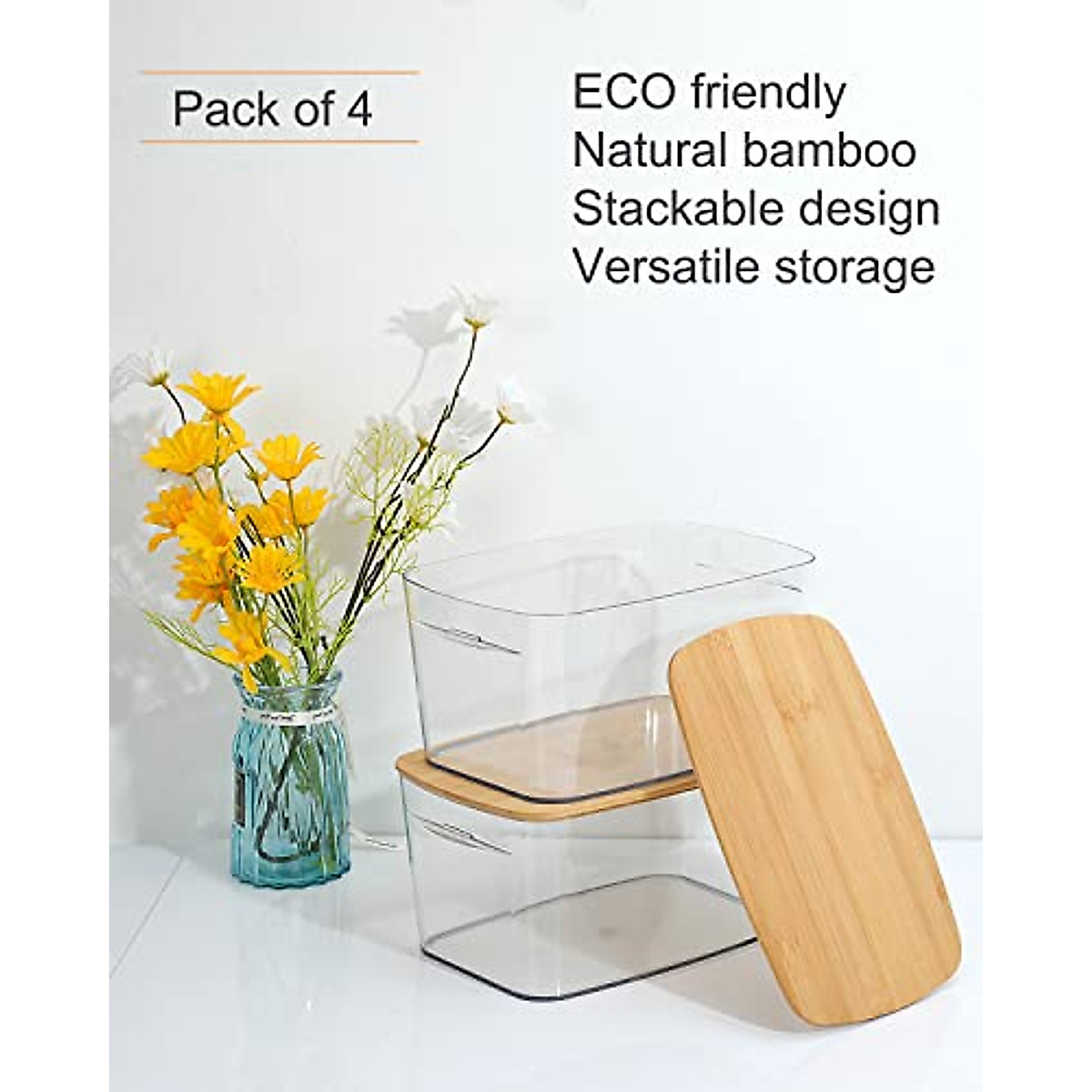 Storage Bins with Lids 4 Pack Stackable Clear Plastic Storage Bins with Bamboo Lids, Refrigerator Organizer Bins,Small Storage Containers for Organization and Storage, Sturdy and Stackable, 6.8 Quart