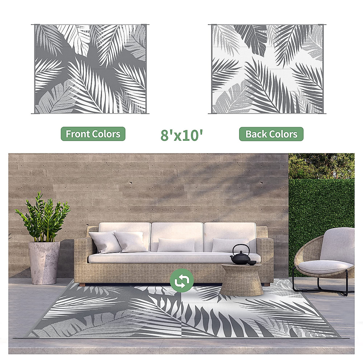 GENIMO Outdoor Rug 8' x 10' Waterproof for Patios Clearance, Reversible Plastic Straw Camping Rug Carpet, Large Area Rugs Mats for RV, Picnic, Backyard, Deck, Balcony, Porch, Beach, Grey&White