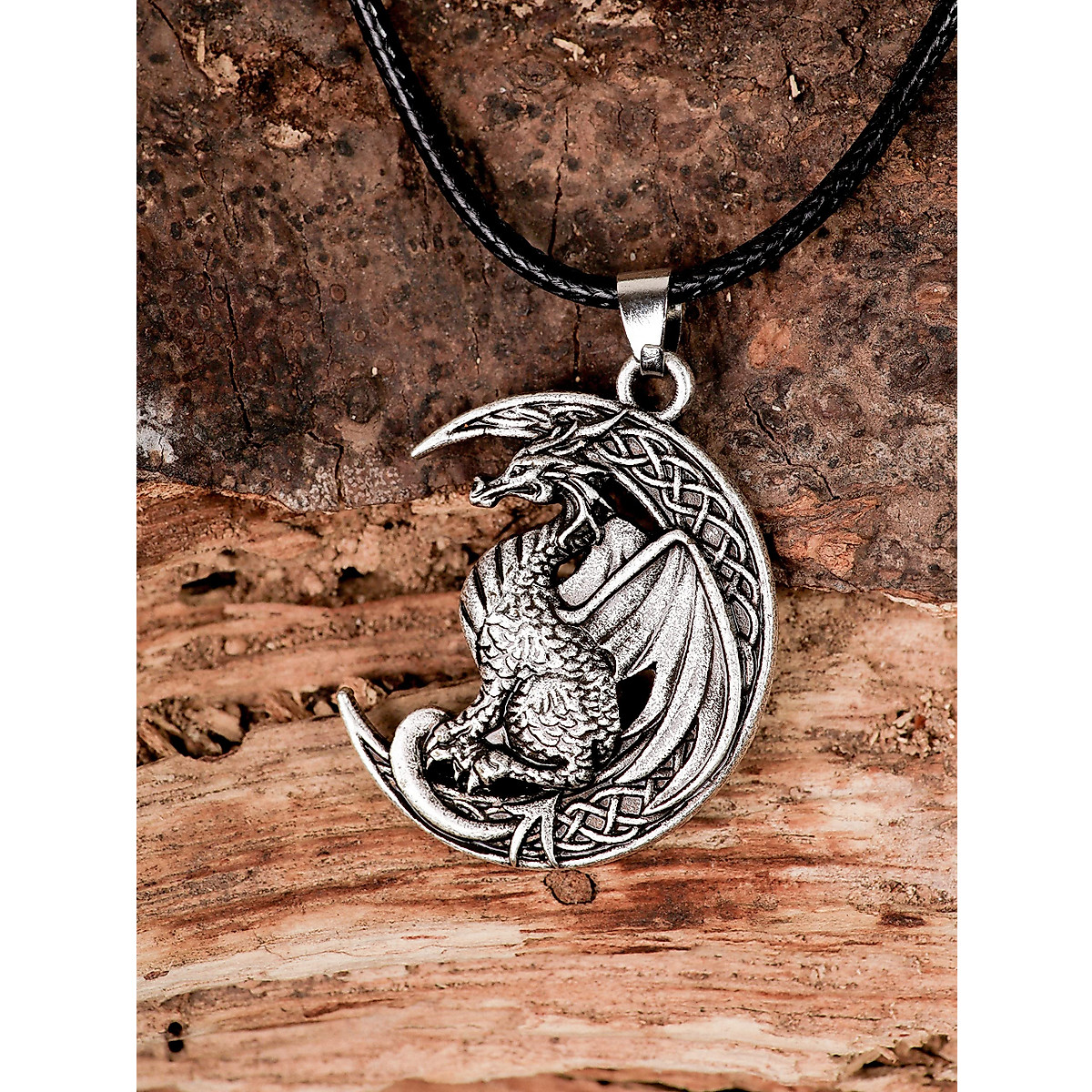 HAQUIL Dragon Necklace for Men, Celtic Dragon on Crescent Moon Pendant, Faux Leather Cord, Dragon Jewelry Gift