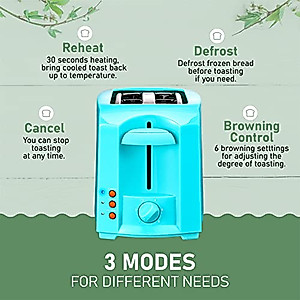 Toaster 2 Slice KOTIAN Compact Bread Toaster 6 Browning Settings,Cancel/Defrost/Reheat Function,Removable Crumb Tray,Turquoise Green,800W
