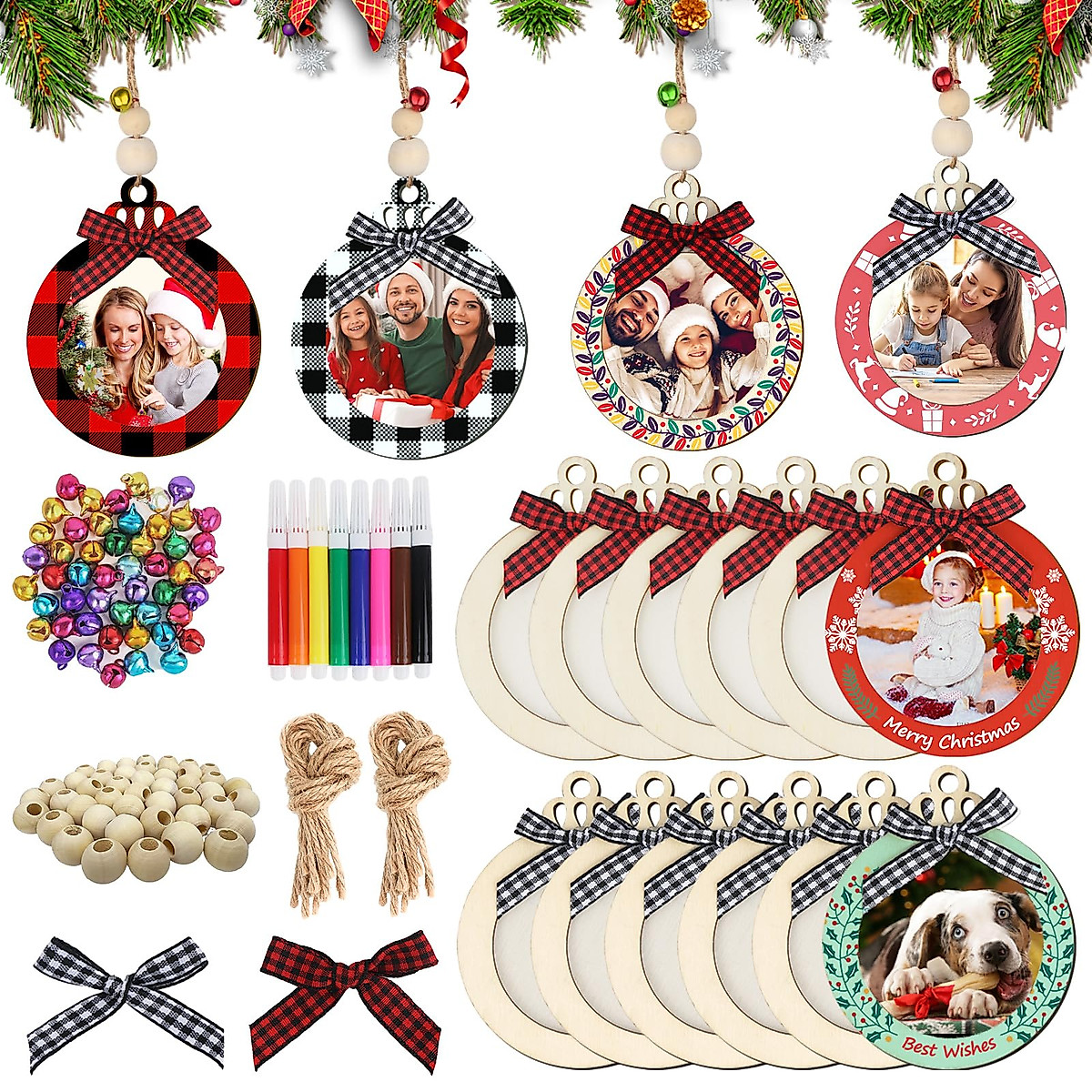 OurWarm 24Pcs Christmas Picture Frame Ornament DIY Wooden Photo Ornaments for Christmas Tree, 2023 Unfinished Personalized Hanging Christmas Ornaments for Xmas Holiday Presents Tree Decorations