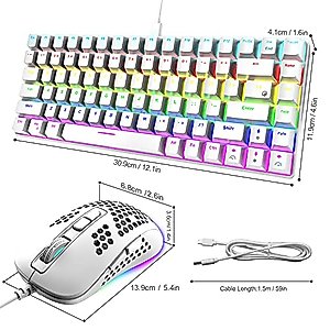 Mechanical Gaming Keyboard and Mouse Combo with 20 Rainbow Backlight 84 Key Anti-ghosting Ergonomic Waterproof Type-C Wired 2400 DPI Honeycomb Mice for PC Mac Gamer Computer Typist(White/Blue Switch)