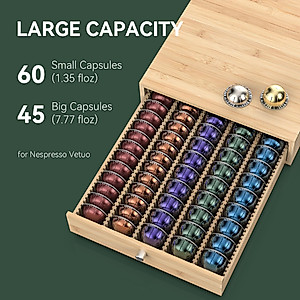WELL WENG for Nespresso Vertuo Capsules (NV145) - Premium Bamboo Coffee Pod Drawer, 45 Big or 60 Small Vertuoline Pods Organizer - 14'' Deep by 3.9'' High (Natural)