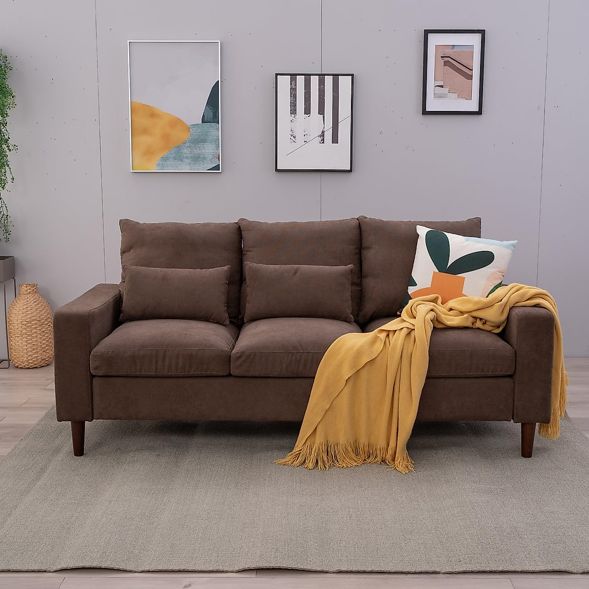 Panana Modern 3 Seater Sofa Couch Upholstered Fabric Couch Sofa for Small Space, Living Room, Apartment (Brown)