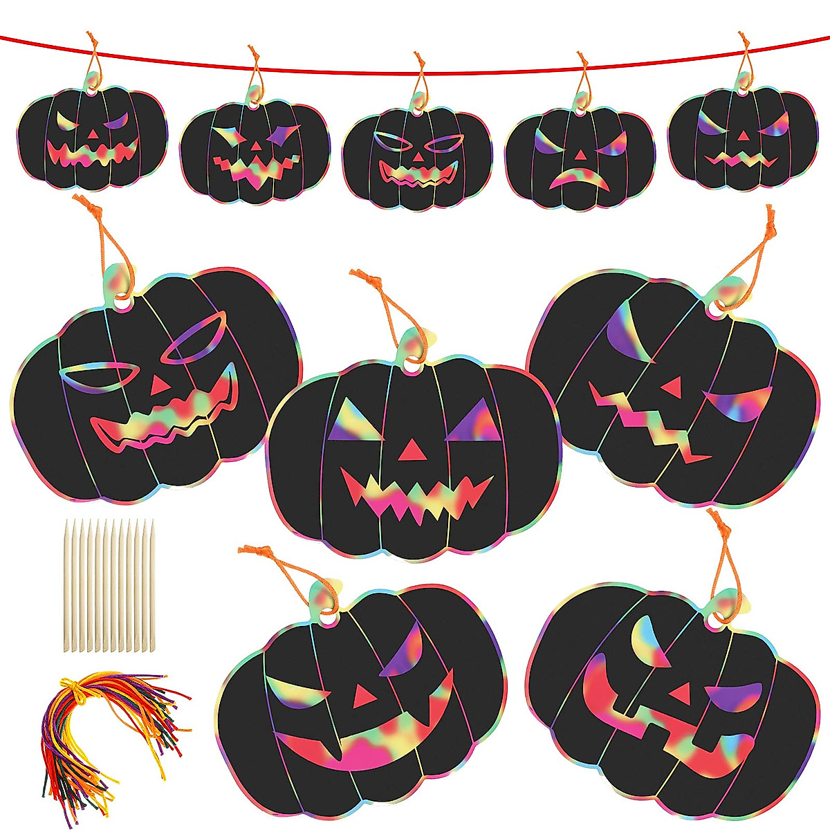 Gejoy 40 Pieces Halloween Scratch Art Paper Rainbow Colorful Pumpkin Scratch Card Paper with 40 Ribbons 12 Wooden Scratch Tools for Halloween Theme Party Kids School Home Activities