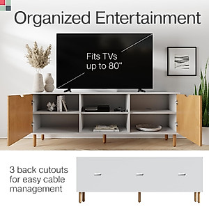 Contemporary Fluted TV Stand - Media Console - 70” Entertainment Center Console Table with Storage for Living Room - Fits 32 to 80" TVs (White and Oak)
