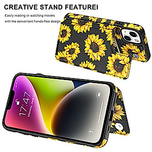 LETO iPhone 14 Case,Flip Folio Leather Wallet Case Cover with Fashion Flower Designs for Girls Women,Built-in Card Slots Kickstand Protective Phone Case for iPhone 14 6.1" Blooming Sunflowers