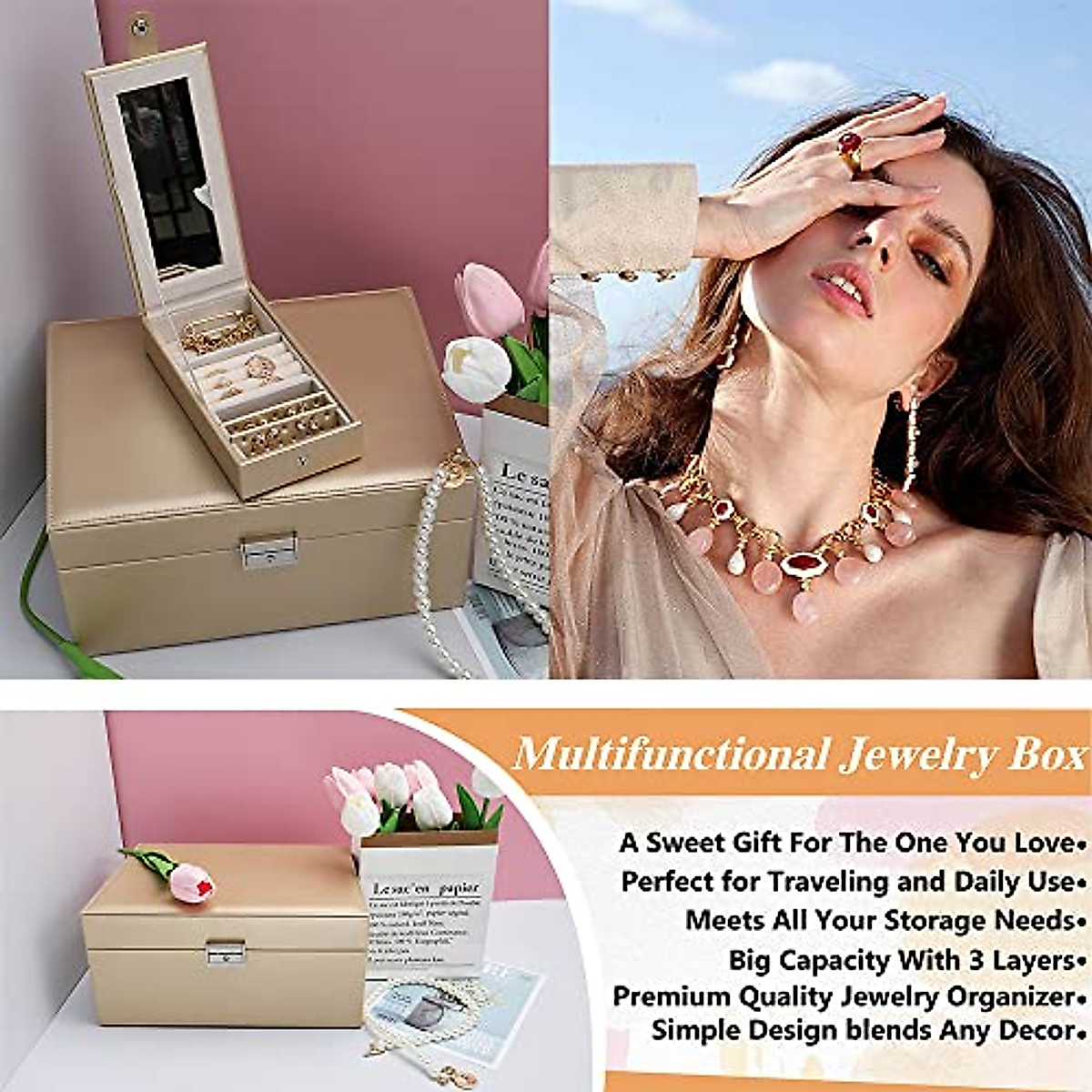 KUDASUY Jewelry Box For Women Girl Girlfriend Wife Velvet Jewelry Box Organizer Large Leather Jewelry Organizer with Removable Tray and Portable Travel Case(classic gold)