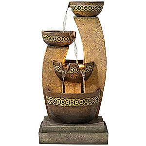 Four Bowl Modern Rustic Outdoor Cascading Floor Water Fountain with LED Light Faux Stone 41" for Yard Garden Patio Backyard Deck Home Lawn Porch House Exterior Balcony - John Timberland