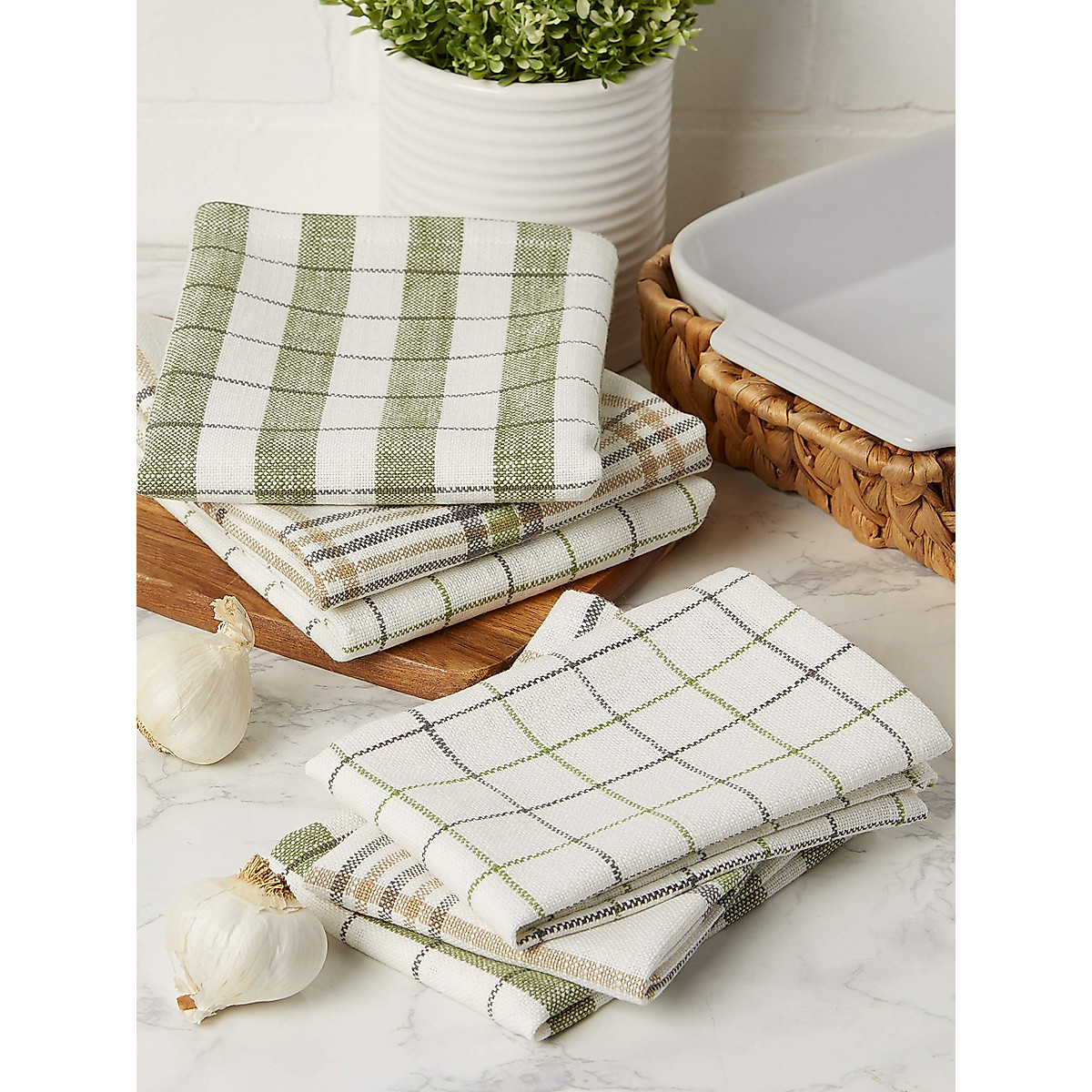 DII Garden Fresh Herbs Kitchen Collection, Dishtowel/Dishcloth Set, Greenhouse Plaid, 6 Piece