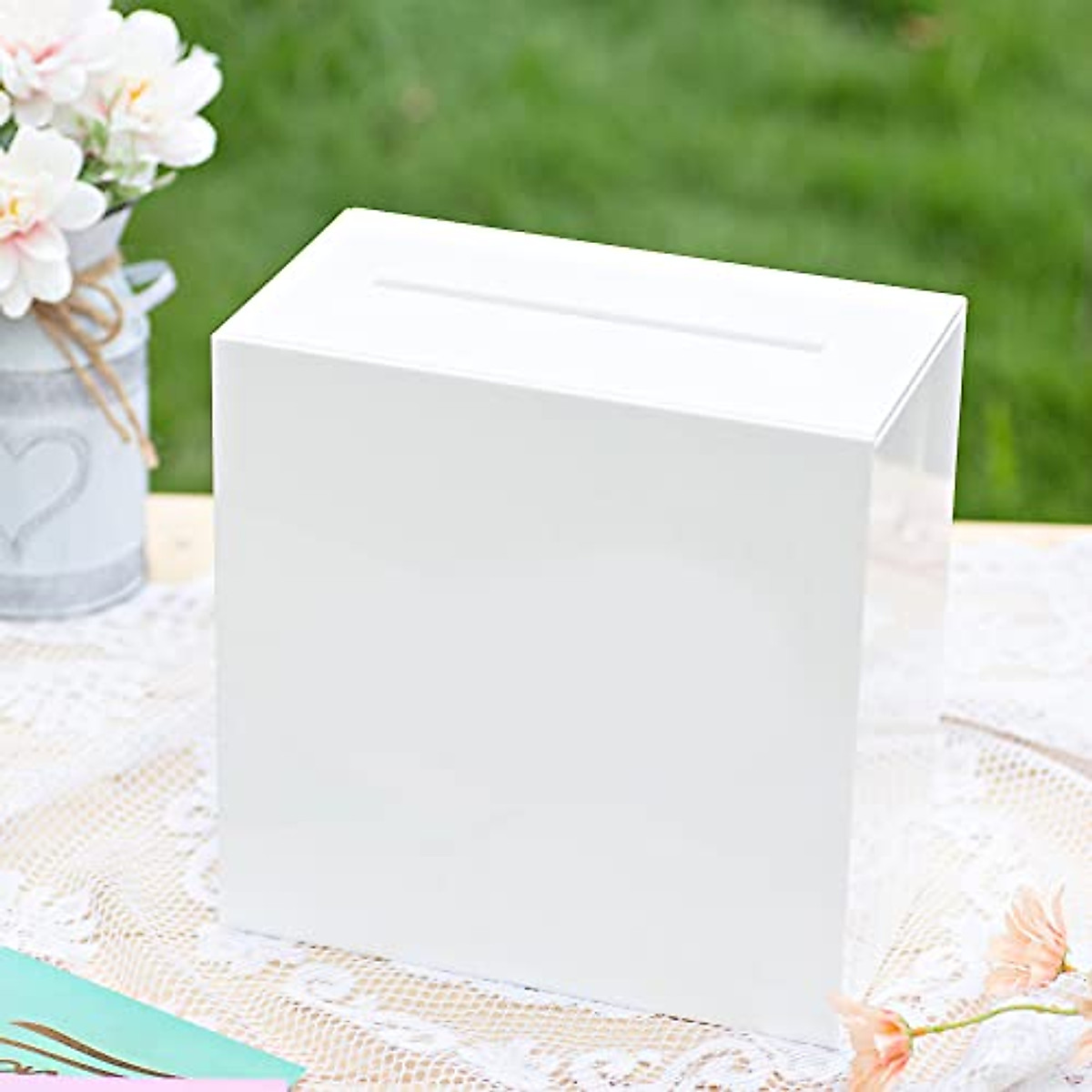 UNIQOOO White Acrylic Card Box w/Slot, Thick DIY Wedding Box Blank No Print, Large 10x10x5.5 in, for Reception Decoration Fundraiser Money Box Election Ballot Graduation Keepsake Party Favor