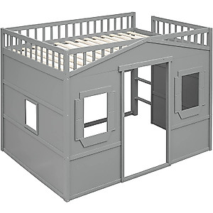 DNYN Full Size House Loft Bed for Kids Bedroom,Solid Wood Bedframe with Ladder & Safety Guardrail,Underneath Play-House Design & No Box Spring Needed,Easy Assembly,77.5" x 57.8" x 65", Gray