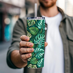 Monstera Leaves Pattern Skinny Tumbler 20oz with Straw Insulated Water Bottle Gift