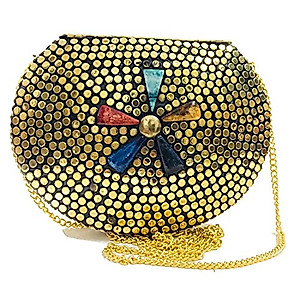 Brass Beaded Ethnic purse Girls Bridal Bag Golden cross body bag for women/Girl party clutch Metal clutches Vintage Brass (Gold Muti Stone)
