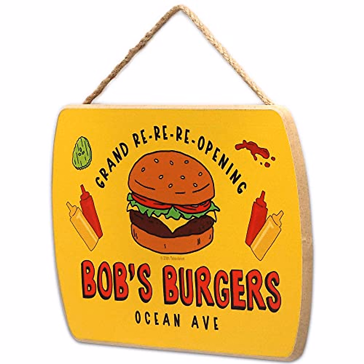 Open Road Brands Bob's Burgers Grand Re-Re-Reopening Hanging Wood Wall Decor - Funny Bob's Burgers Sign for Bedroom or Movie Room