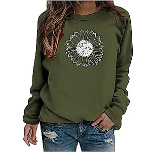 LAWOR Womens Short Sleeve Blouses 2023 Fashion Sudaderas cuello redondo y estampado girasoles para mujer suéteres holgados de manga larga para otoño e invierno A1-Army Green Small