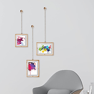 Melannco Hanging Metal Chain Retangular Floating Frames, Gold Finish, Includes Hanging Hardware, Set Of 3