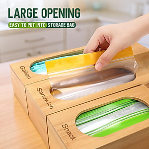 Openable Bamboo Ziplock Bag Storage Organizer & Foil and Plastic Wrap Organizer, Plastic Wrap Dispenser with Cutter and Ziplock Bag Organizer for Kitchen Drawer, 5 Baggie Organizer for Gallon,Quart,Sandwich,Snack