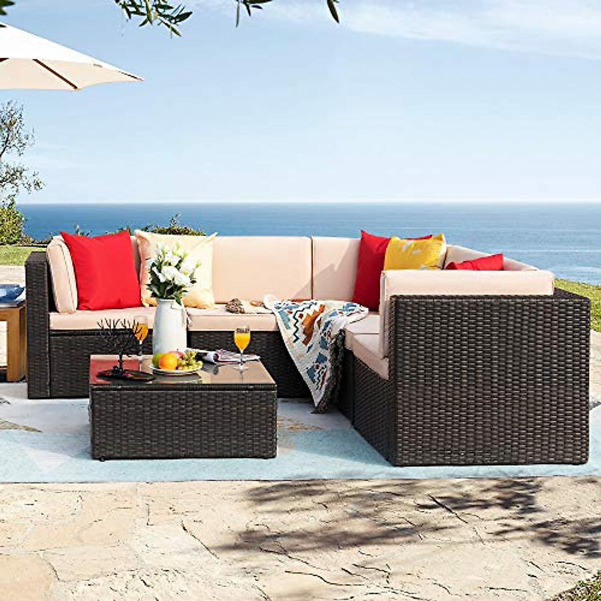 Homall 6 Pieces Furniture Outdoor Sectional Sofa All Weather PE Rattan Patio Conversation Set Manual Wicker Couch with Cushions and Glass Table, Beige