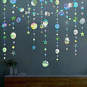 52ft Glitter Circle Dot Star Garland, Iridescent Hanging Bunting Streamer Banner Backdrop, Twinkle Star Photo Props for Halloween Birthday Wedding Bridal Baby Shower Unicorn Party Decorations Supplies