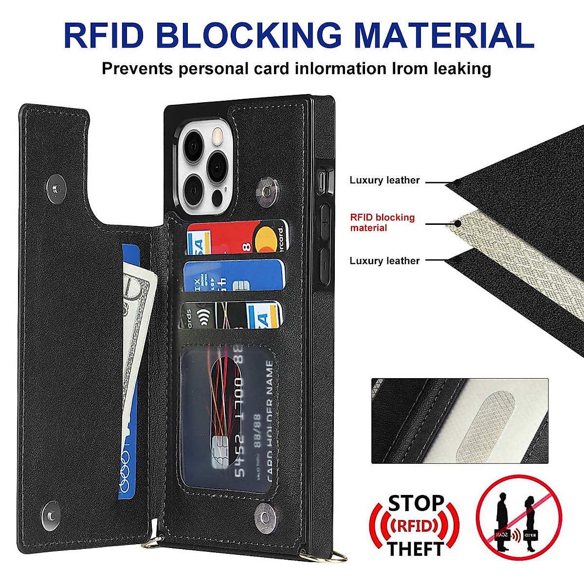 DEFBSC Compatible with iPhone 14 Pro Max Case, Crossbody Wallet Case, Adjustable Detachable Lanyard Neck Strap with Kickstand Leather Card Holder Protective Cover-Black