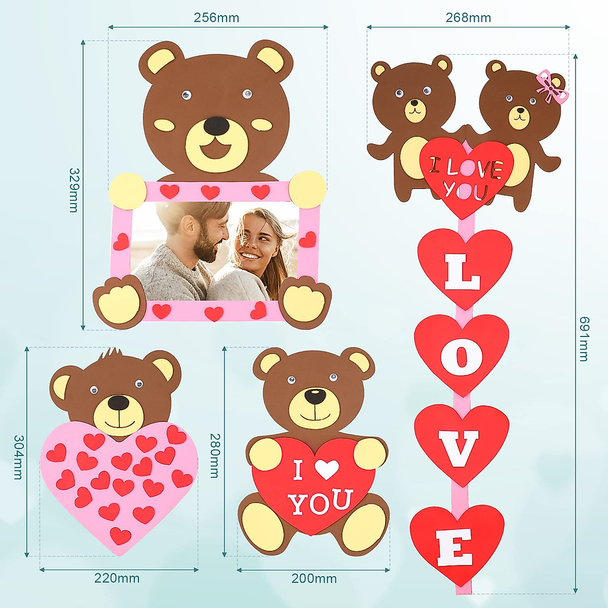 Valentine's Day Bears Craft Kit Romantic Picture Frame Love Sign Valentines Day Foam Stickers Self Adhesive Heart Bear Foam Stickers Valentine's Day DIY Craft Supplies for Kids Classroom Art Project