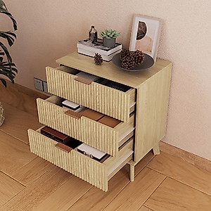 wirrytor 3 Drawer Dresser with Waveform Panel, Modern Closet Dressers Chest of Drawers, Wood Storage Dresser Chest of Drawers for Bedroom Living Room Hallway Closet(Natural)