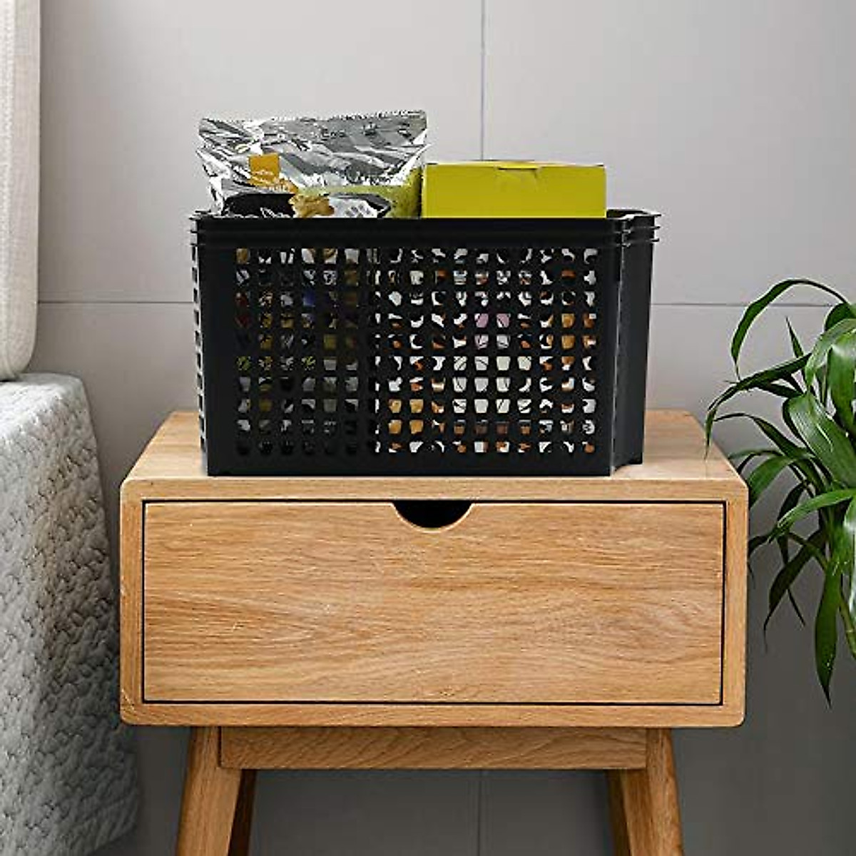 Bringer 6-Pack Stacking Plastic Storage Baskets, Black Plastic Storage Organizer Bins