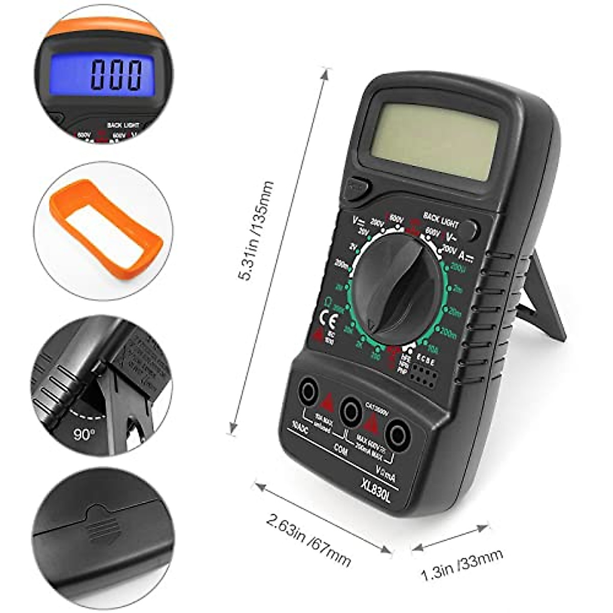 Digital Multimeter Voltmeter Battery Circuit Multi Tester OHM Volt Amp AC DC Voltage Current Continuity Resistance Diodes Electrical Test Meter with Test Leads LCD Display