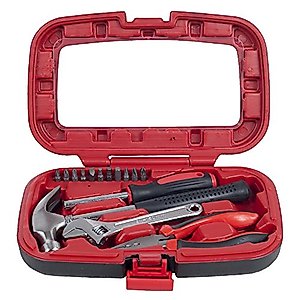 Home Improvement Tool Kit - 15-Piece Household Hand Tools Essentials Set in Durable Plastic Carrying Case for Home, Office, and Car by Stalwart (Red)