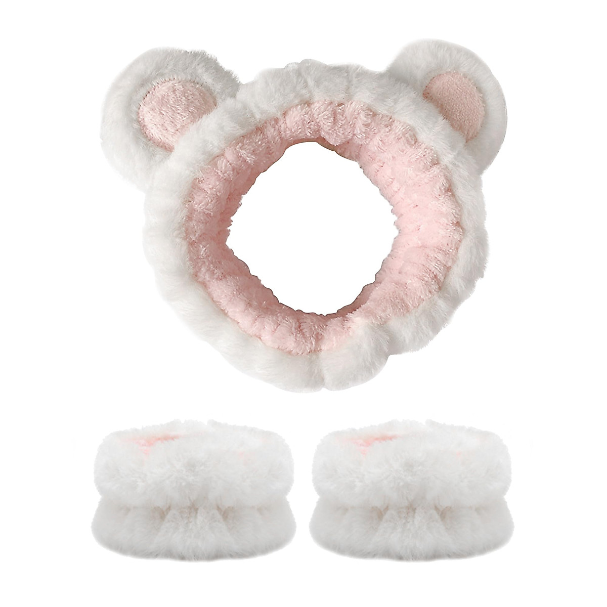 Headbands for Women Makeup Headband Spa Headband for Washing Face and Matching Wristbands Skincare Headbands Hair Band Women Facial Makeup Head Band Soft Fuzzy Head Wraps for Girls (White-Bear Ears)