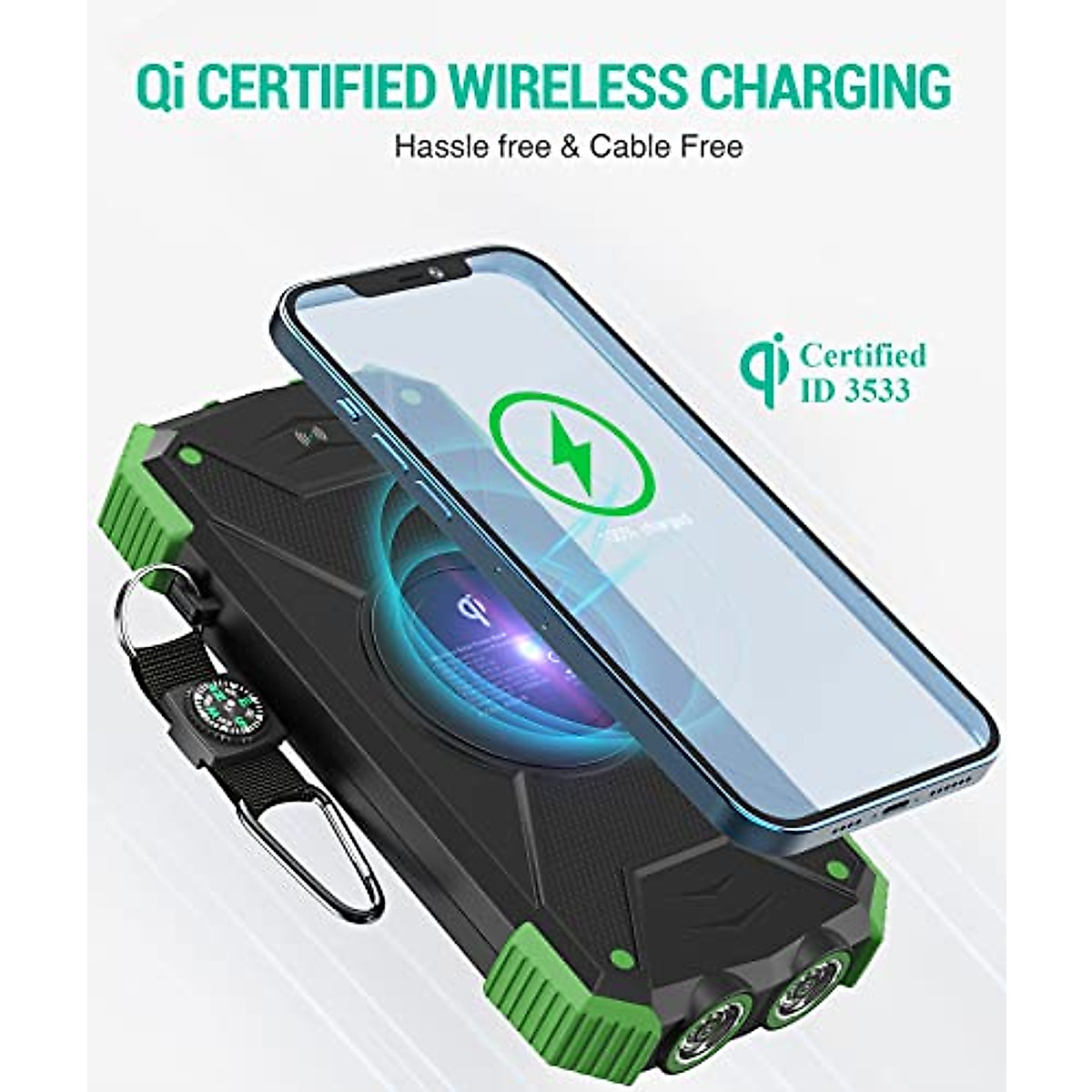 BLAVOR Solar Charger Power Bank, Qi Wireless Charger 10,000mAh External Battery Pack Type C Input Output Dual Super Bright Flashlight, Compass Carabiner, Solar Panel Charging(Dark Green)
