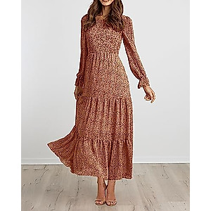 BTFBM Women Casual Long Sleeve Crew Neck Fall Dress Bohemian Relaxed Fit Floral Flowy Maxi Dresses Tiered Cocktail Dress（Floral Brown, Small