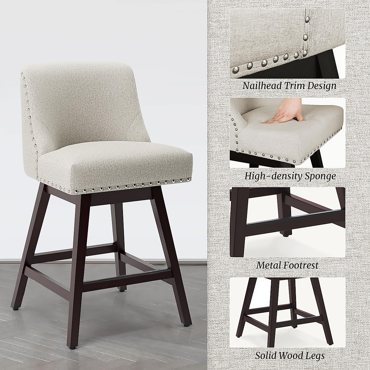 Cozyman 26 Inch Bar Stools Set of 3, Light Gray Swivel Counter Stools with Back, Linen Fabric Upholstered Barstools, Solid Wood Legs with Footrest, Modern Bar Stool for Kitchen Island, Pub