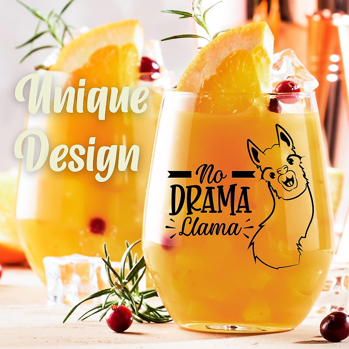 Onebttl Llama Gifts for Women, No Drama Llama Wine Glass, Alpaca Gifts, 17oz Wine Glass