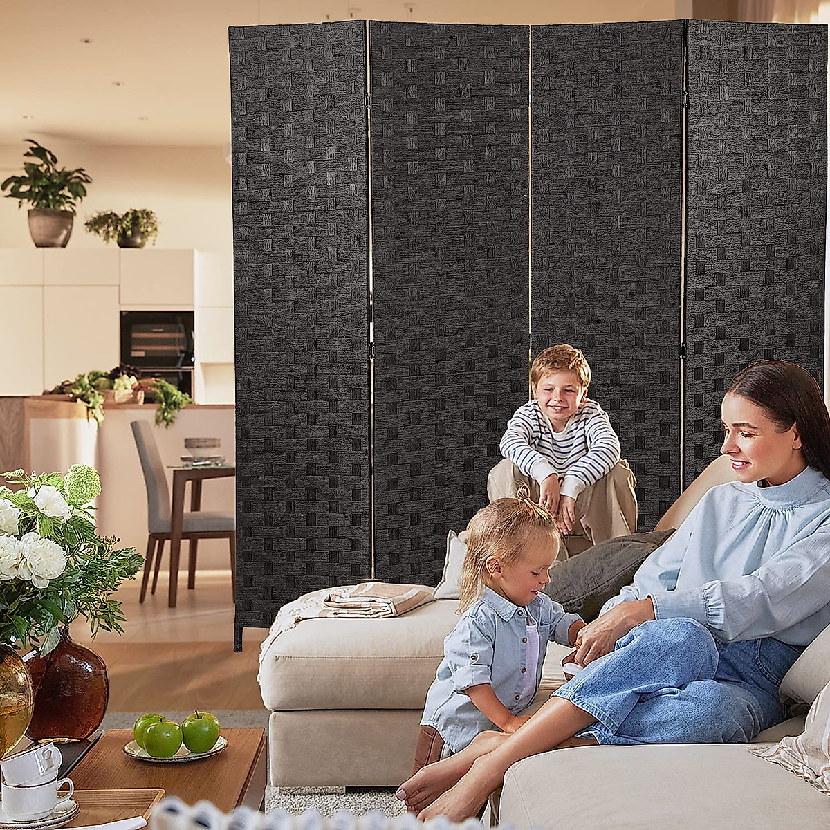 Room Divider, 6FT Wall Divider Wood Screen 4 Panels Wood Mesh Hand-Woven Design Room Screen Divider Indoor Folding Portable Partition Screen,Black