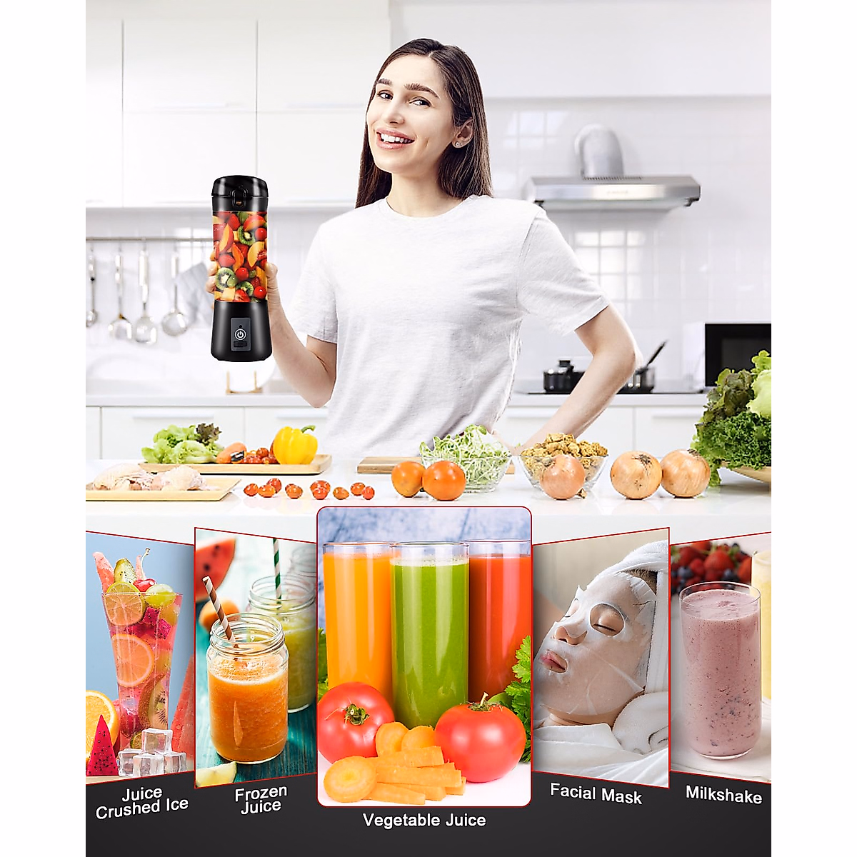 Portable Blender, Personal Blender USB Rechargeable, Mini Blender for Shakes and Smoothies, Strong Cutting Power with 6 Blades, 380Ml Traveling Fruit Veggie Juicer Cup for Home, Sport, Office, Camping