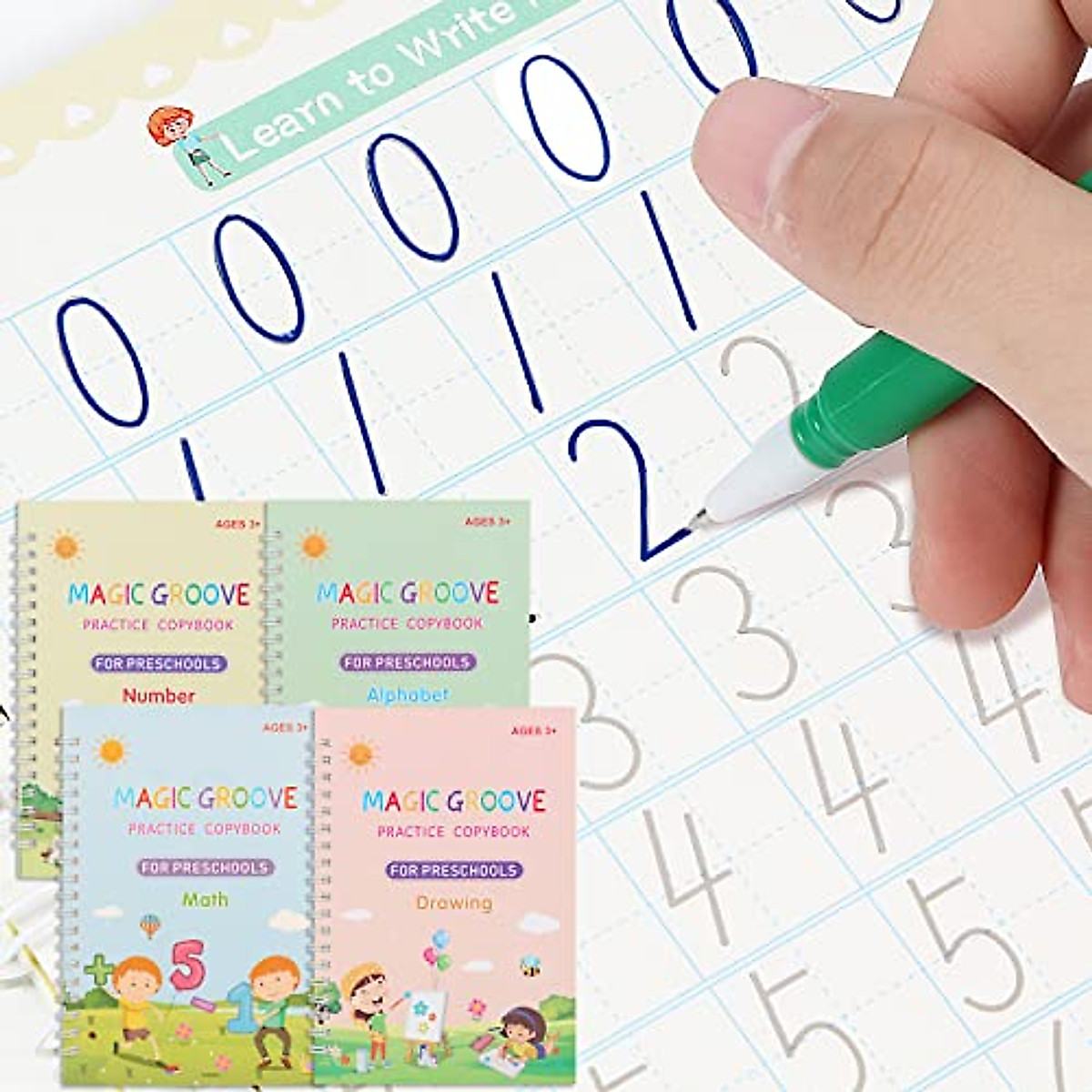 Magic Ink Practice Copybook for Children Ages 3-8, Reusable Writing Practice Book for Preschools Grooves Template Design,Handwriting Practice for Kids,Magic Practice Copybook Set(4 Books with Pens)
