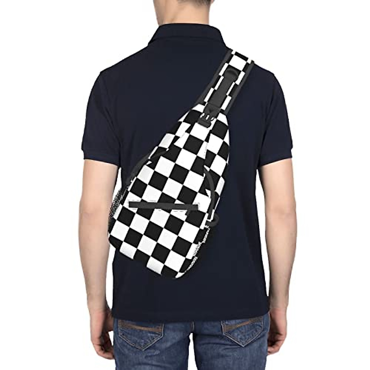 LAKUERVI Plaid Chest Sling Bag Geometric Checkered Plaid Pattern Black White Crossbody Shoulder Backpack Adjustable Lightweight Travel Hiking Casual Daypack for Men Women