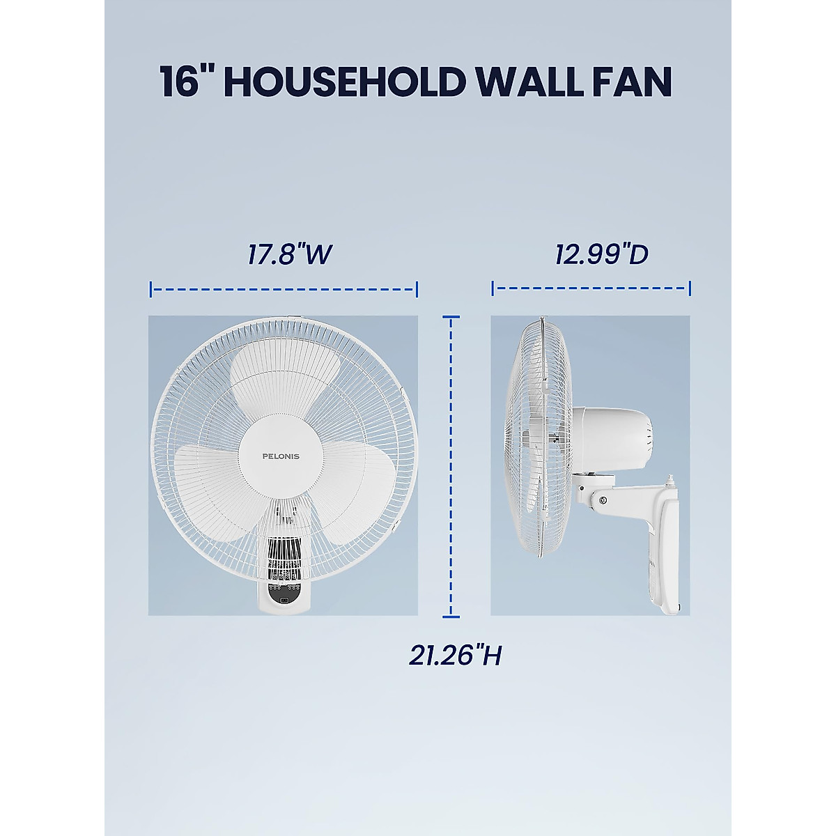 PELONIS 16‘’ Wall Mount Fan with 3 Speed Settings Oscillating Fan with Adjustable Tilt High Velocity Household Wall Mounted fan, for Garage Patios Bedroom 2 Packs White