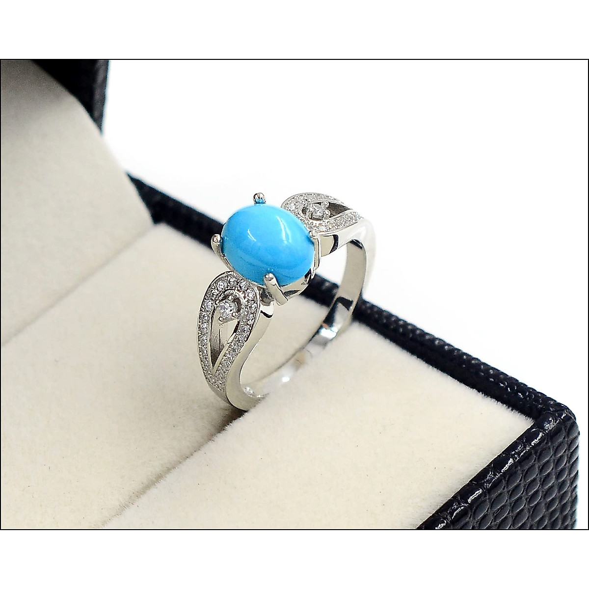 9X7 MM Oval Cut Natural Sleeping Beauty Turquoise Gemstone 925 Sterling Silver December Birthstone Solitaire Unisex Proposal Ring For Wedding Gift (Rhodium Plated Silver, 6)