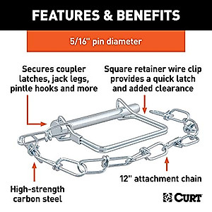 CURT 25034 Trailer Coupler Pin with 12-Inch Chain, 5/16-Inch Diameter x 3-Inch Long, Clear ZINC