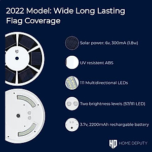 HOME DEPUTY Solar Flag Pole Light - Solar Flag Light - 111 led - Brightest Outdoor flagpole Light for Most in-ground flagpoles - Dusk to Dawn Lighting Power - Pole Topper - Rechargeable Battery